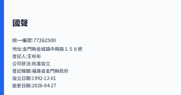 國聲的照片-統編 77262500(金門縣) 公司登記資料與營業項目詳細圖表