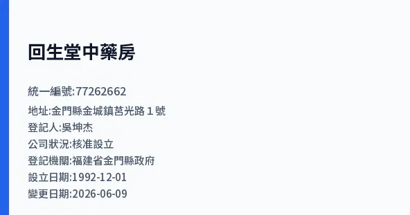 回生堂中藥房的照片-統編 77262662(金門縣) 公司登記資料與營業項目詳細圖表