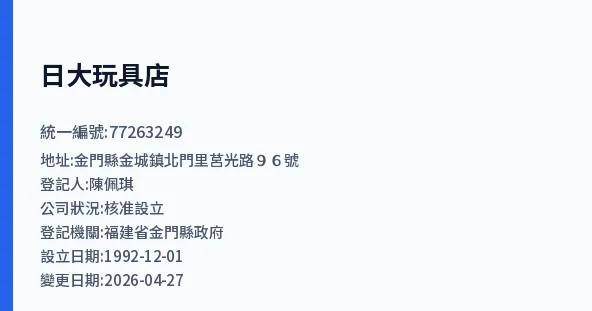日大玩具店的照片-統編 77263249(金門縣) 公司登記資料與營業項目詳細圖表