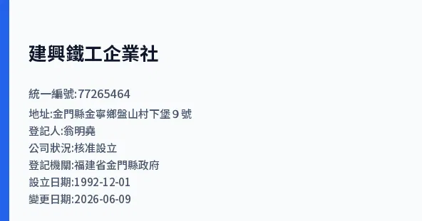 建興鐵工企業社的照片-統編 77265464(金門縣) 公司登記資料與營業項目詳細圖表