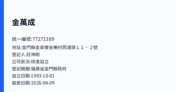 金萬成的照片-統編 77271389(金門縣) 公司登記資料與營業項目詳細圖表