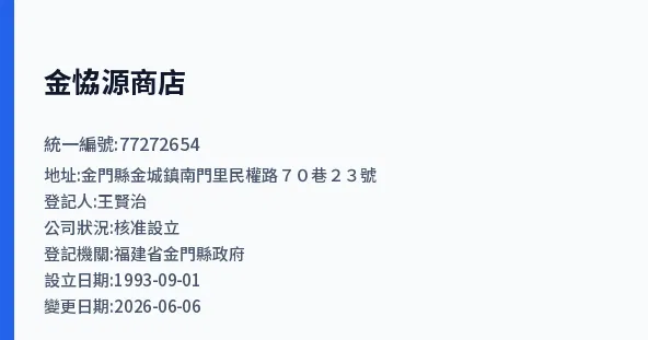 金恊源商店的照片-統編 77272654(金門縣) 公司登記資料與營業項目詳細圖表