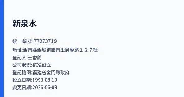 新泉水的照片-統編 77273719(金門縣) 公司登記資料與營業項目詳細圖表