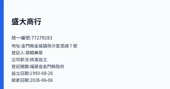 盛大商行的照片-統編 77279283(金門縣) 公司登記資料與營業項目詳細圖表