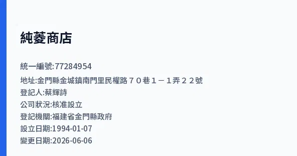純菱商店的照片-統編 77284954(金門縣) 公司登記資料與營業項目詳細圖表