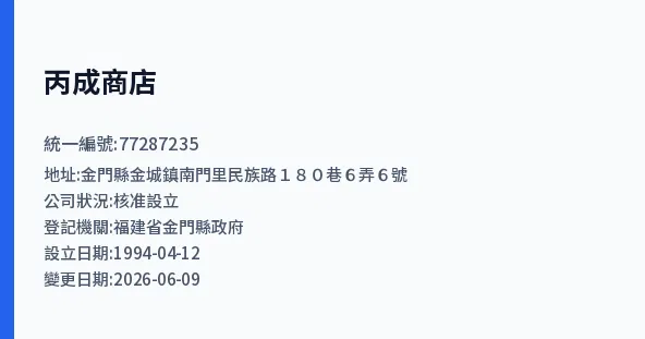 丙成商店的照片-統編 77287235(金門縣) 公司登記資料與營業項目詳細圖表