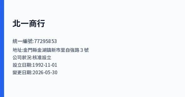 北一商行的照片-統編 77295853(金門縣) 公司登記資料與營業項目詳細圖表