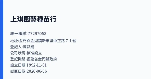 上琪園藝種苗行的照片-統編 77297058(金門縣) 公司登記資料與營業項目詳細圖表