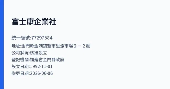富士康企業社的照片-統編 77297584(金門縣) 公司登記資料與營業項目詳細圖表