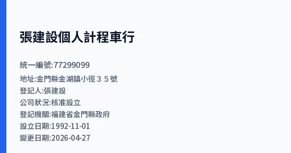 張建設個人計程車行的照片-統編 77299099(金門縣) 公司登記資料與營業項目詳細圖表