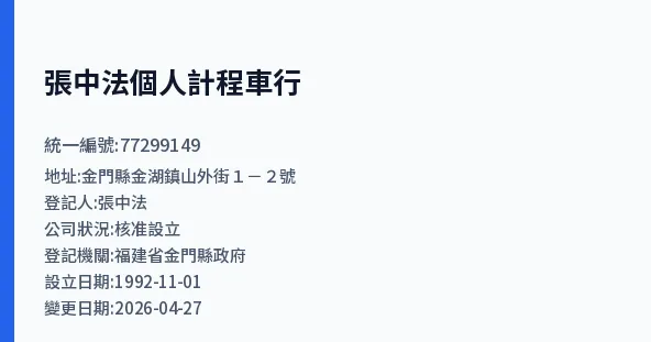 張中法個人計程車行的照片-統編 77299149(金門縣) 公司登記資料與營業項目詳細圖表