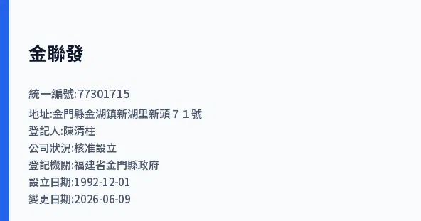 金聯發的照片-統編 77301715(金門縣) 公司登記資料與營業項目詳細圖表