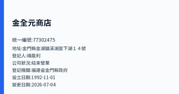 金全元商店的照片-統編 77302475(金門縣) 公司登記資料與營業項目詳細圖表
