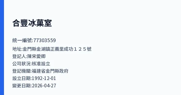 合豐冰菓室的照片-統編 77303559(金門縣) 公司登記資料與營業項目詳細圖表