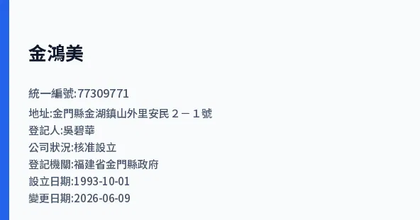 金鴻美的照片-統編 77309771(金門縣) 公司登記資料與營業項目詳細圖表