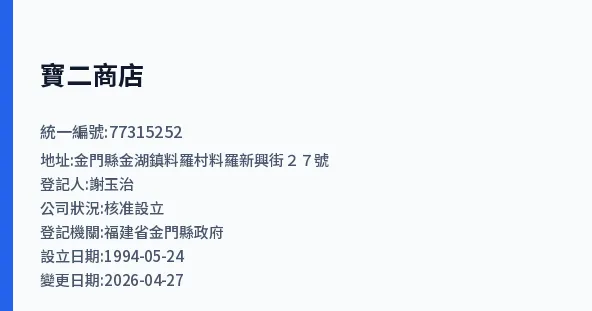 寶二商店的照片-統編 77315252(金門縣) 公司登記資料與營業項目詳細圖表