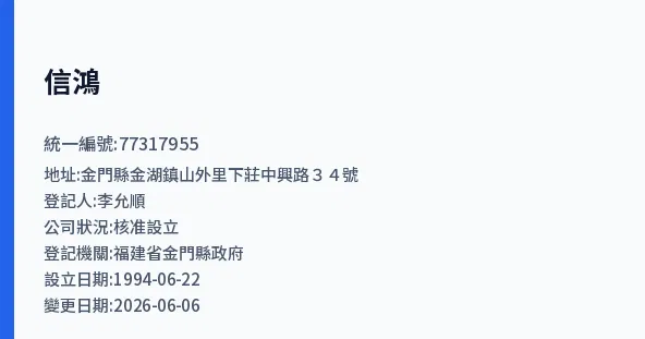 信鴻的照片-統編 77317955(金門縣) 公司登記資料與營業項目詳細圖表