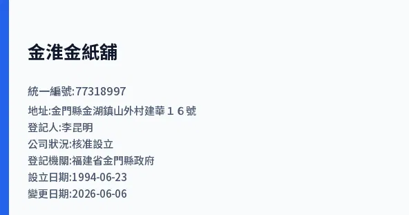 金淮金紙舖的照片-統編 77318997(金門縣) 公司登記資料與營業項目詳細圖表