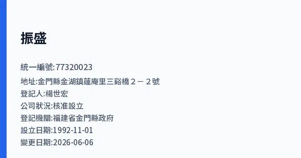 振盛的照片-統編 77320023(金門縣) 公司登記資料與營業項目詳細圖表