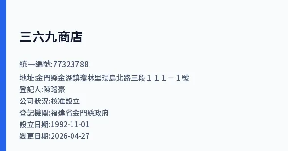 三六九商店的照片-統編 77323788(金門縣) 公司登記資料與營業項目詳細圖表