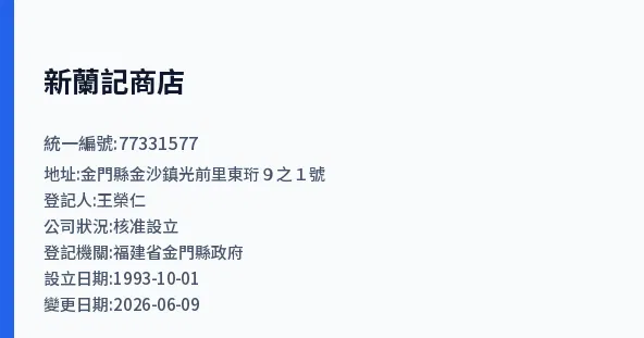 新蘭記商店的照片-統編 77331577(金門縣) 公司登記資料與營業項目詳細圖表