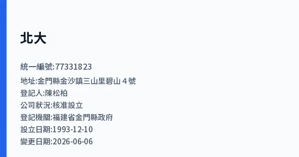 北大的照片-統編 77331823(金門縣) 公司登記資料與營業項目詳細圖表