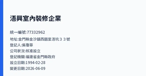 浯興室內裝修企業的照片-統編 77332962(金門縣) 公司登記資料與營業項目詳細圖表
