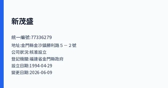 新茂盛的照片-統編 77336279(金門縣) 公司登記資料與營業項目詳細圖表