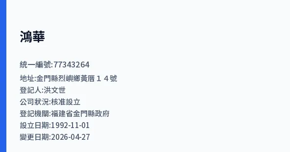 鴻華的照片-統編 77343264(金門縣) 公司登記資料與營業項目詳細圖表