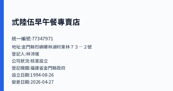 弎陸伍早午餐專賣店的照片-統編 77347971(金門縣) 公司登記資料與營業項目詳細圖表