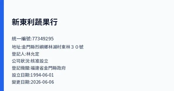 新東利蔬果行的照片-統編 77349295(金門縣) 公司登記資料與營業項目詳細圖表