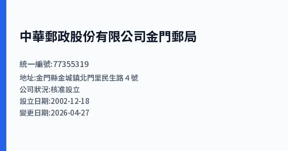中華郵政股份有限公司金門郵局的照片-統編 77355319(金門縣) 公司登記資料與營業項目詳細圖表