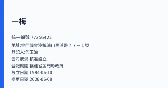 一梅的照片-統編 77356422(金門縣) 公司登記資料與營業項目詳細圖表