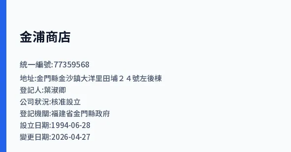 金浦商店的照片-統編 77359568(金門縣) 公司登記資料與營業項目詳細圖表