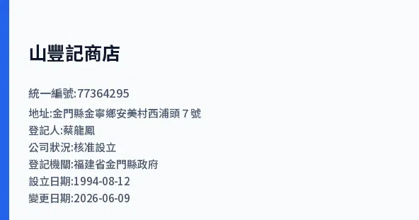 山豐記商店的照片-統編 77364295(金門縣) 公司登記資料與營業項目詳細圖表
