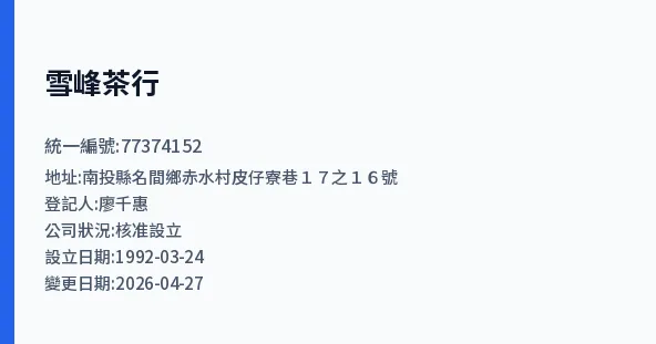 雪峰茶行的照片-統編 77374152(南投縣) 公司登記資料與營業項目詳細圖表