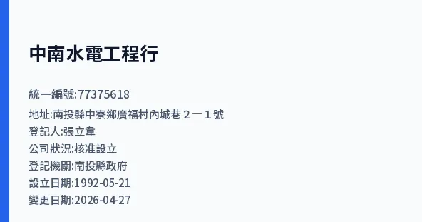 中南水電工程行的照片-統編 77375618(南投縣) 公司登記資料與營業項目詳細圖表