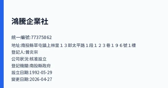 鴻騰企業社的照片-統編 77375862(南投縣) 公司登記資料與營業項目詳細圖表