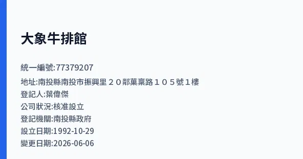 大象牛排館的照片-統編 77379207(南投縣) 公司登記資料與營業項目詳細圖表