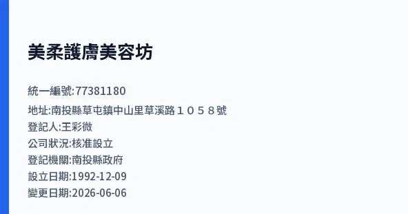 美柔護膚美容坊的照片-統編 77381180(南投縣) 公司登記資料與營業項目詳細圖表