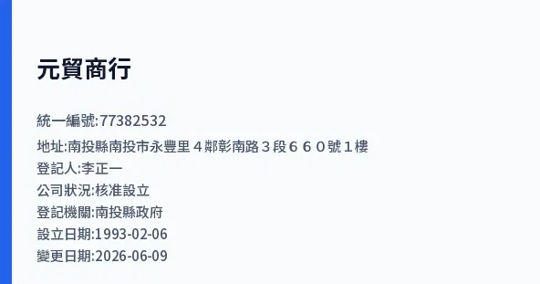 元貿商行的照片-統編 77382532(南投縣) 公司登記資料與營業項目詳細圖表
