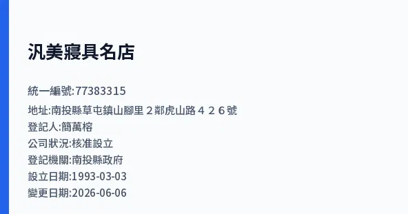 汎美寢具名店的照片-統編 77383315(南投縣) 公司登記資料與營業項目詳細圖表