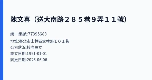 陳文喜(送大南路285巷9弄11號)的照片-統編 77395683(臺北市) 公司登記資料與營業項目詳細圖表