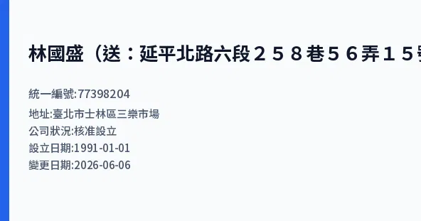 林國盛(送:延平北路六段258巷56弄15號2樓)的照片-統編 77398204(臺北市) 公司登記資料與營業項目詳細圖表