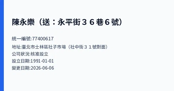 陳永樂(送:永平街36巷6號)的照片-統編 77400617(臺北市) 公司登記資料與營業項目詳細圖表