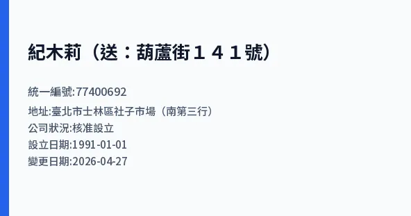 紀木莉(送:葫蘆街141號)的照片-統編 77400692(臺北市) 公司登記資料與營業項目詳細圖表