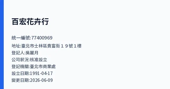 百宏花卉行的照片-統編 77400969(臺北市) 公司登記資料與營業項目詳細圖表