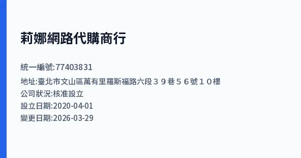 莉娜網路代購商行的照片-統編 77403831(臺北市) 公司登記資料與營業項目詳細圖表