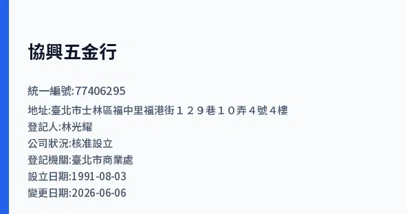 協興五金行的照片-統編 77406295(臺北市) 公司登記資料與營業項目詳細圖表