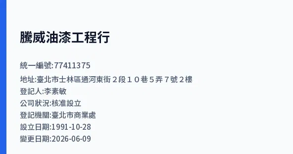 騰威油漆工程行的照片-統編 77411375(臺北市) 公司登記資料與營業項目詳細圖表